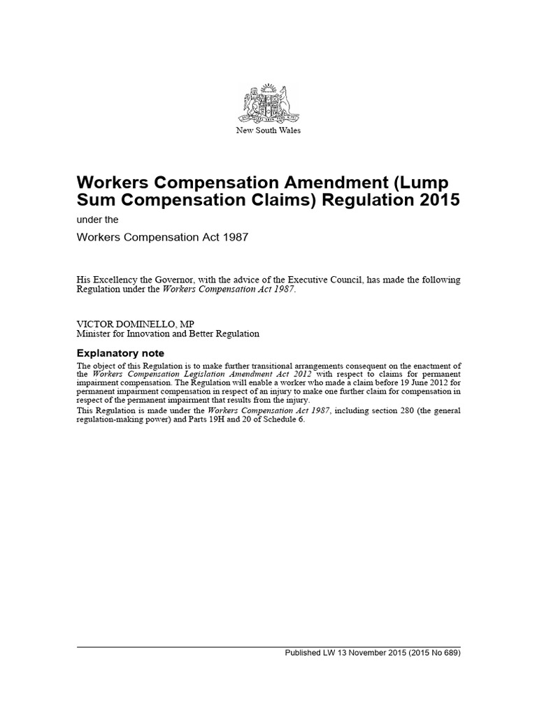 Workers Compensation Amendment Lump Sum Compensation Claims Regulation ...