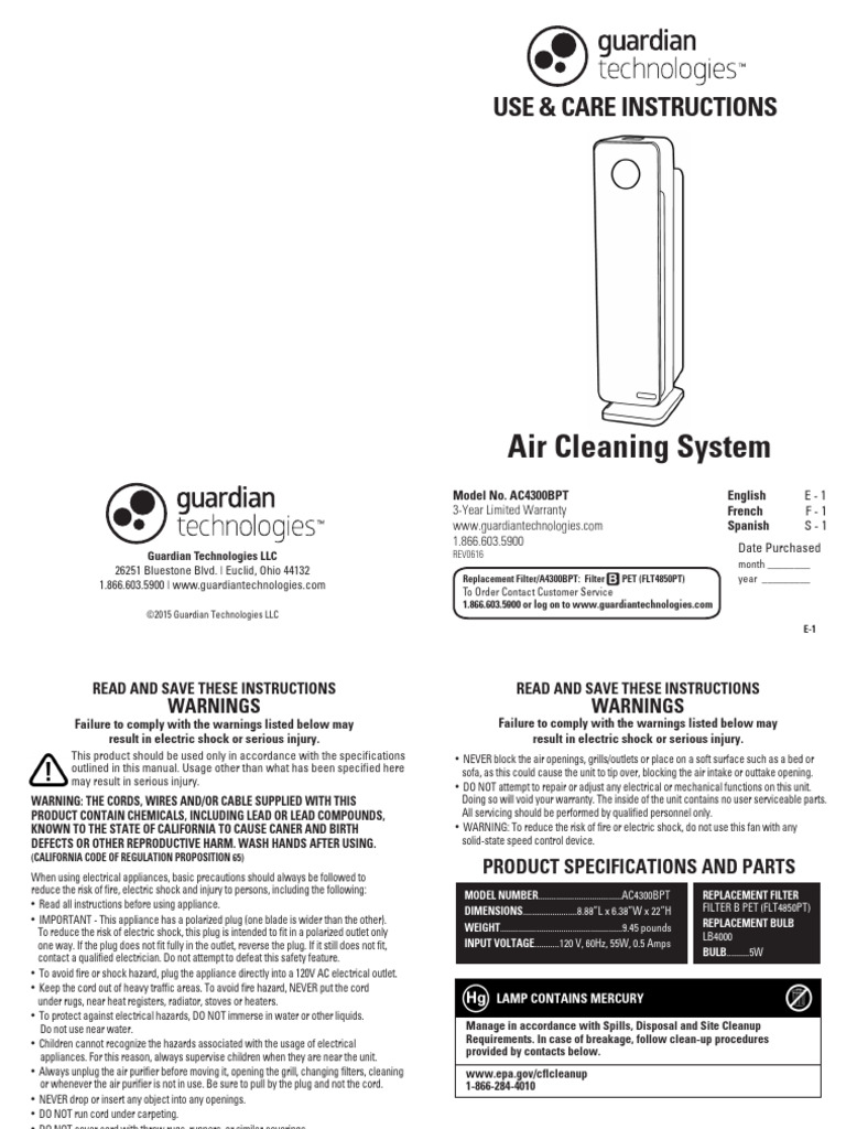Germ Guardian Black AC4300BPTCA User Manual | PDF