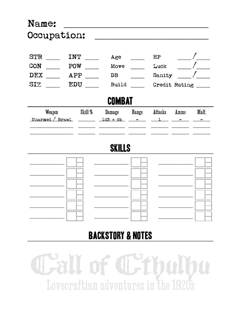 COC Character Sheet Template | PDF