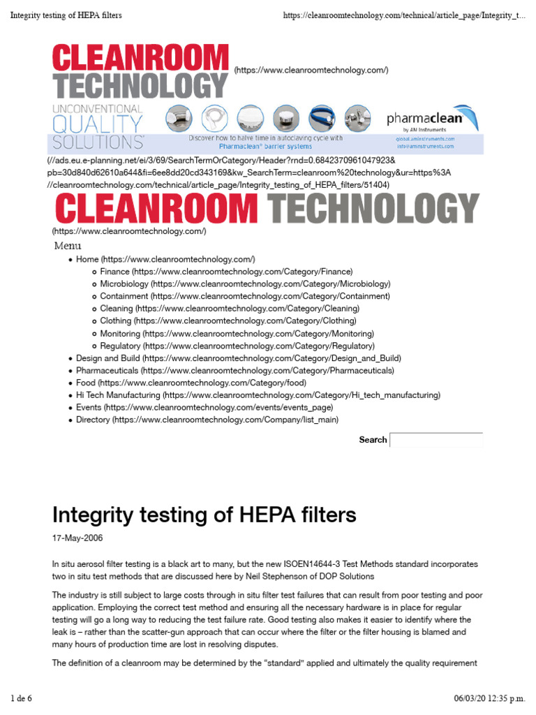Integrity Testing of HEPA Filters | PDF | Aerosol