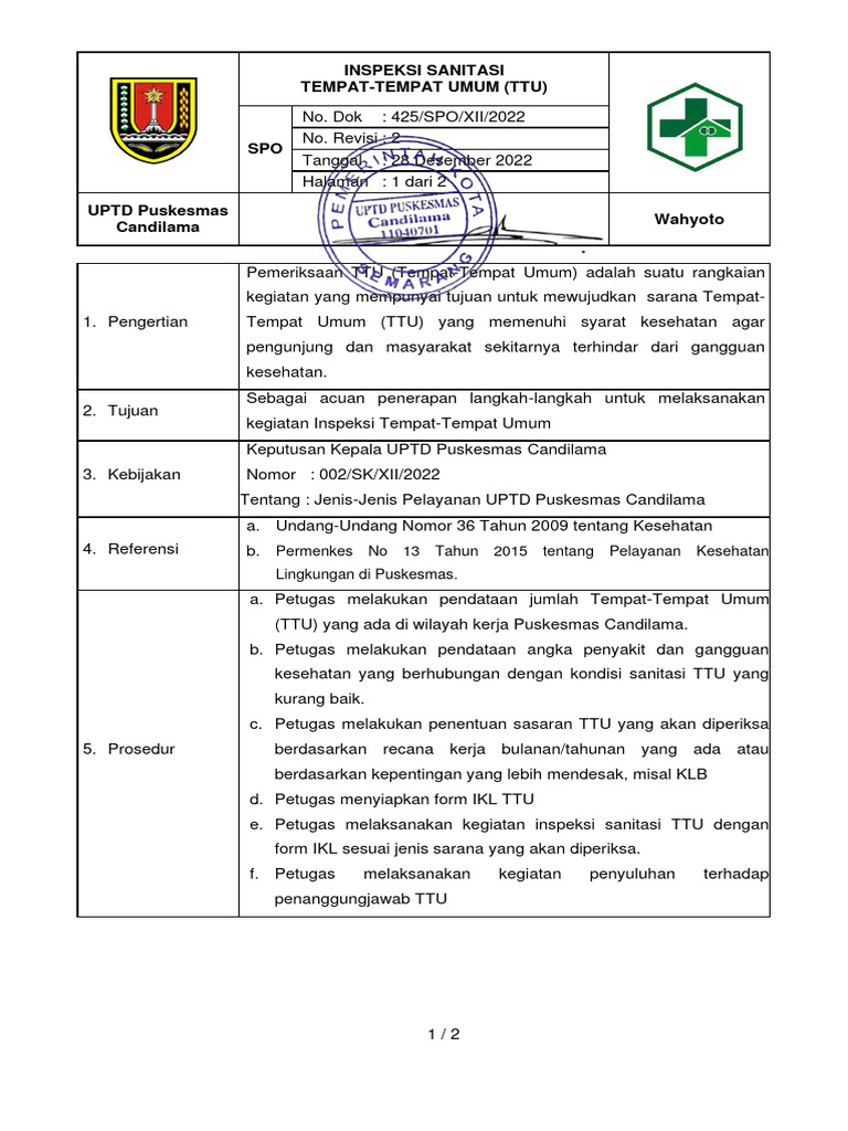 Spo Inspeksi Kesling (Ttu) 2022 | PDF