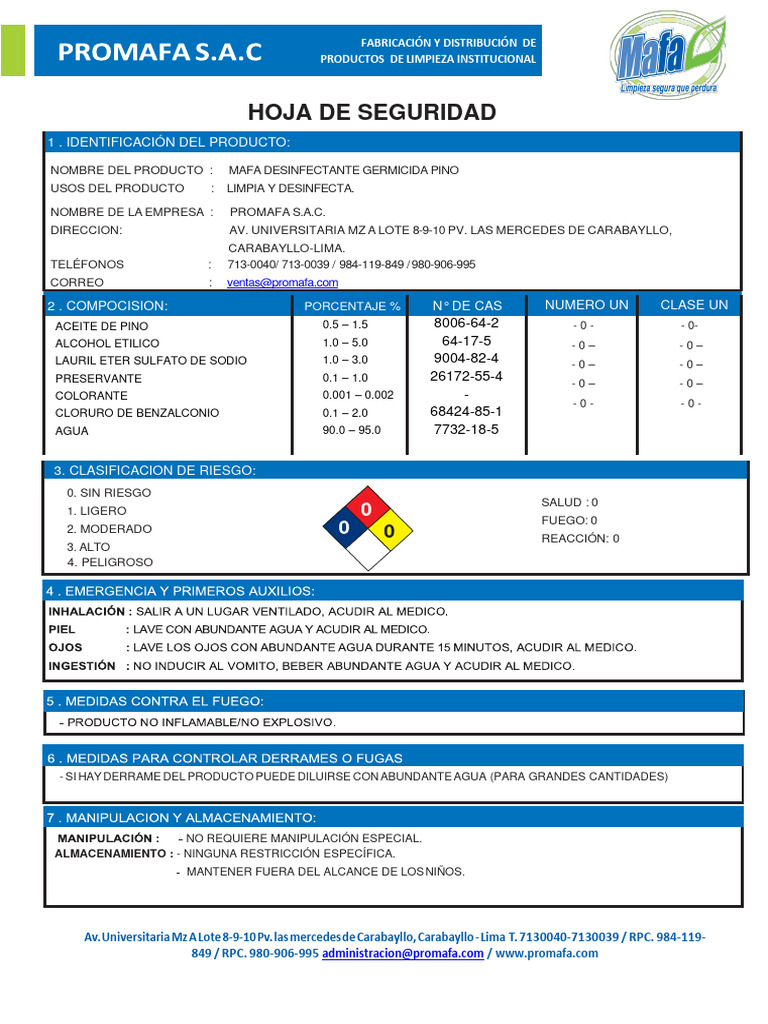 Hoja de Seguridad Desinfectante Germicida Pino | PDF | Química ...
