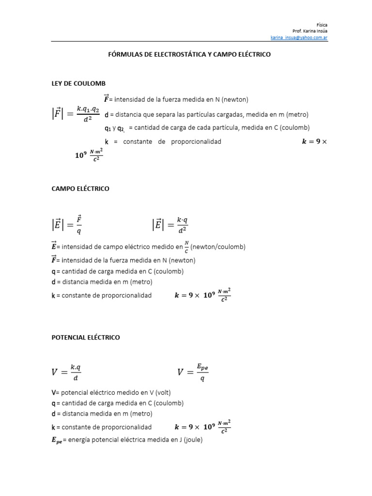 Fórmulas y Problemas de Electrostática | PDF | Campo eléctrico | Fuerza