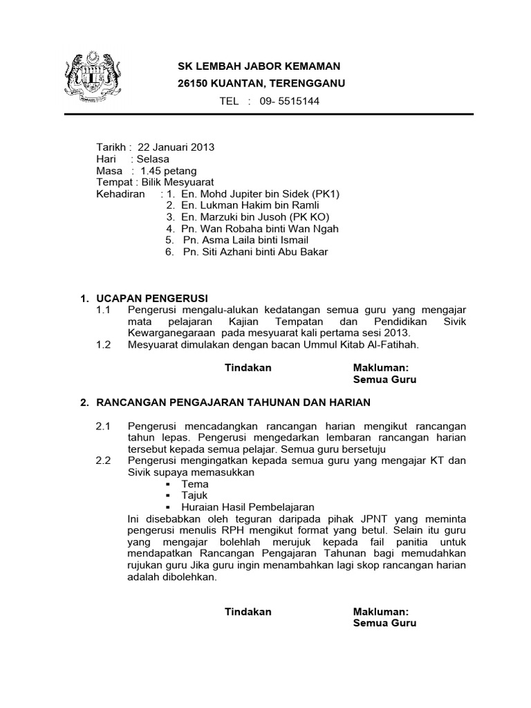 Minit Mesyuarat Kali Pertama KT SK 2012 | PDF