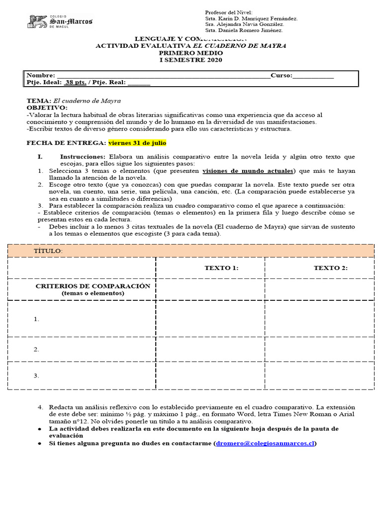 Actividad evaluativa El cuaderno de Mayra 1°medio | PDF