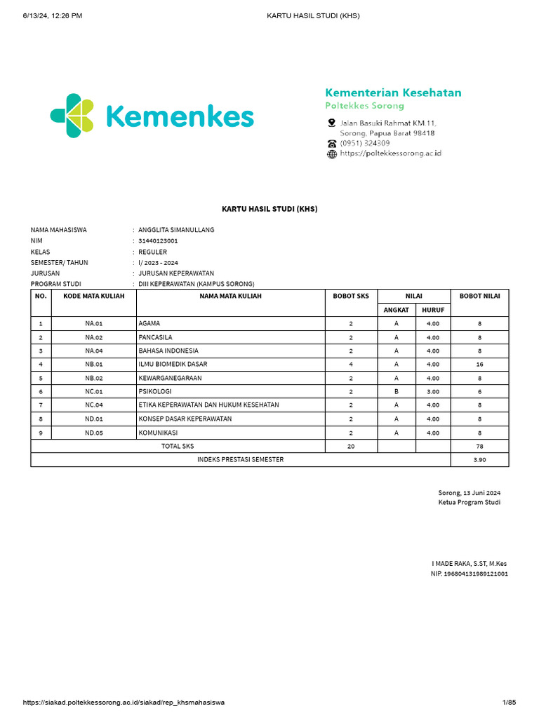 Kartu Hasil Studi (KHS) Semester 1 Ta 2023 2024 Ganjil | PDF