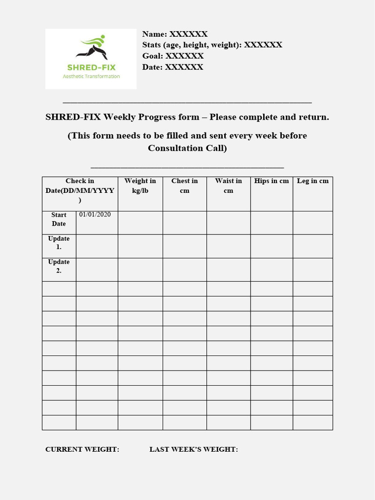 SHRED-FIX Weekly Progress Form | PDF | Waist | Lunch