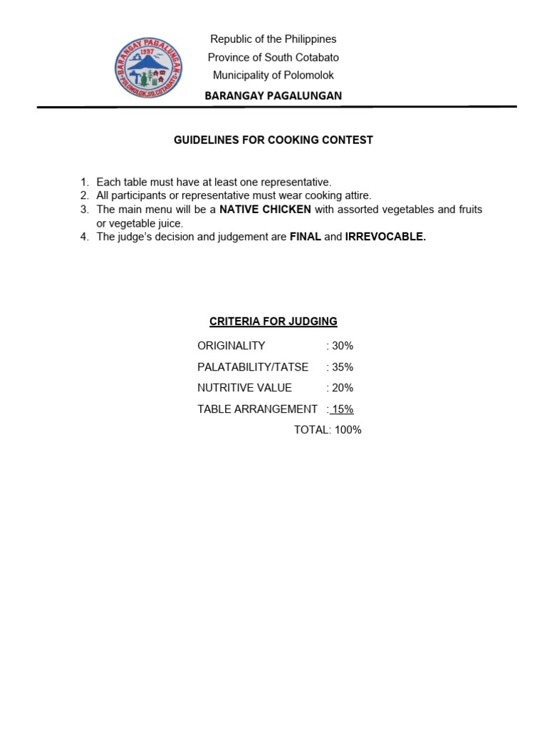 Cooking Contest Guidelines and Criteria | PDF