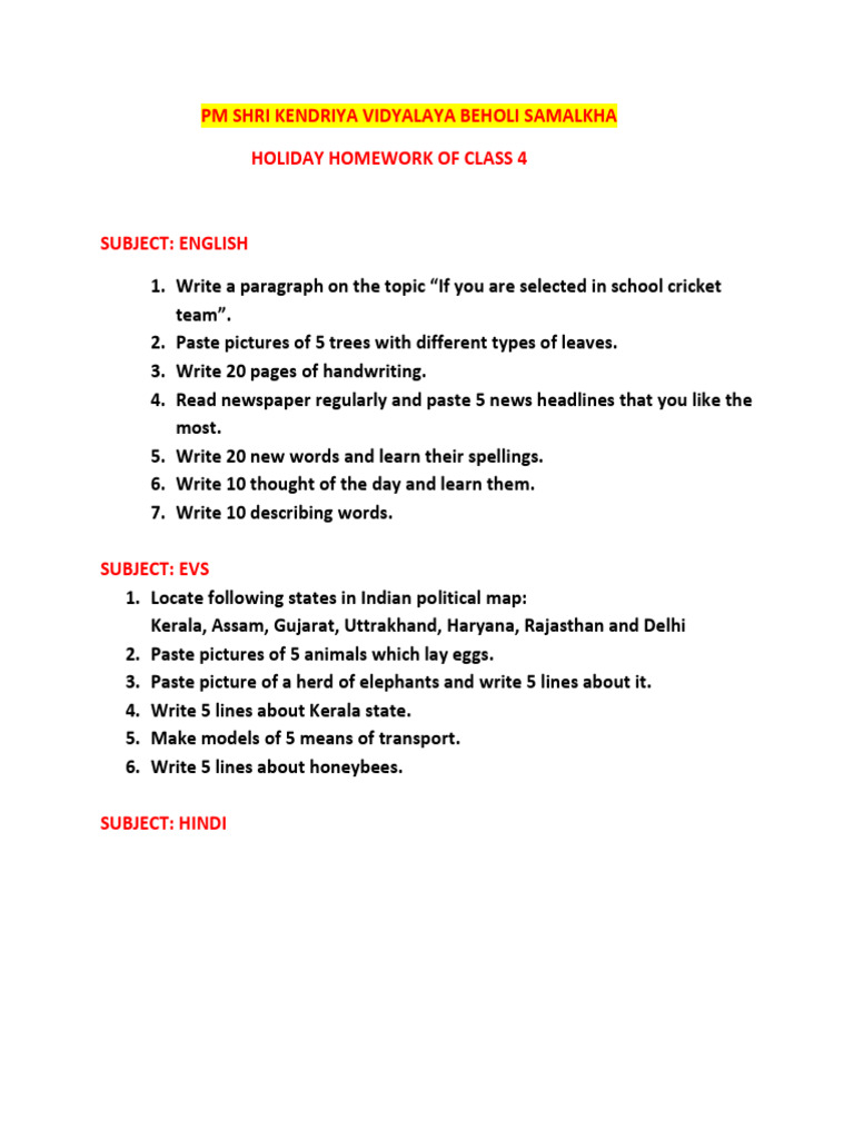 Class 4 Holiday Homework Guide | PDF