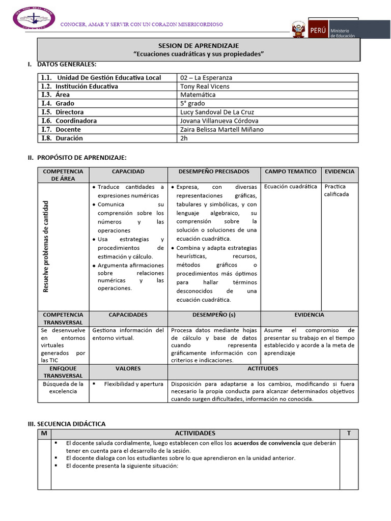 Sesión de aprendizaje 5°ecuacion cuadratica | PDF | Ecuaciones | Ecuación cuadrática