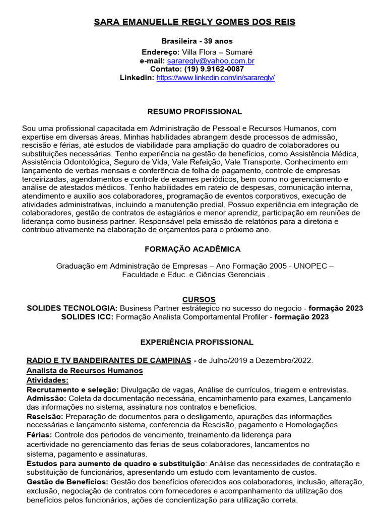 CV SARA ATUALIZADO 2023 PDF | Download grátis PDF | Gestão de recursos humanos | Despesa