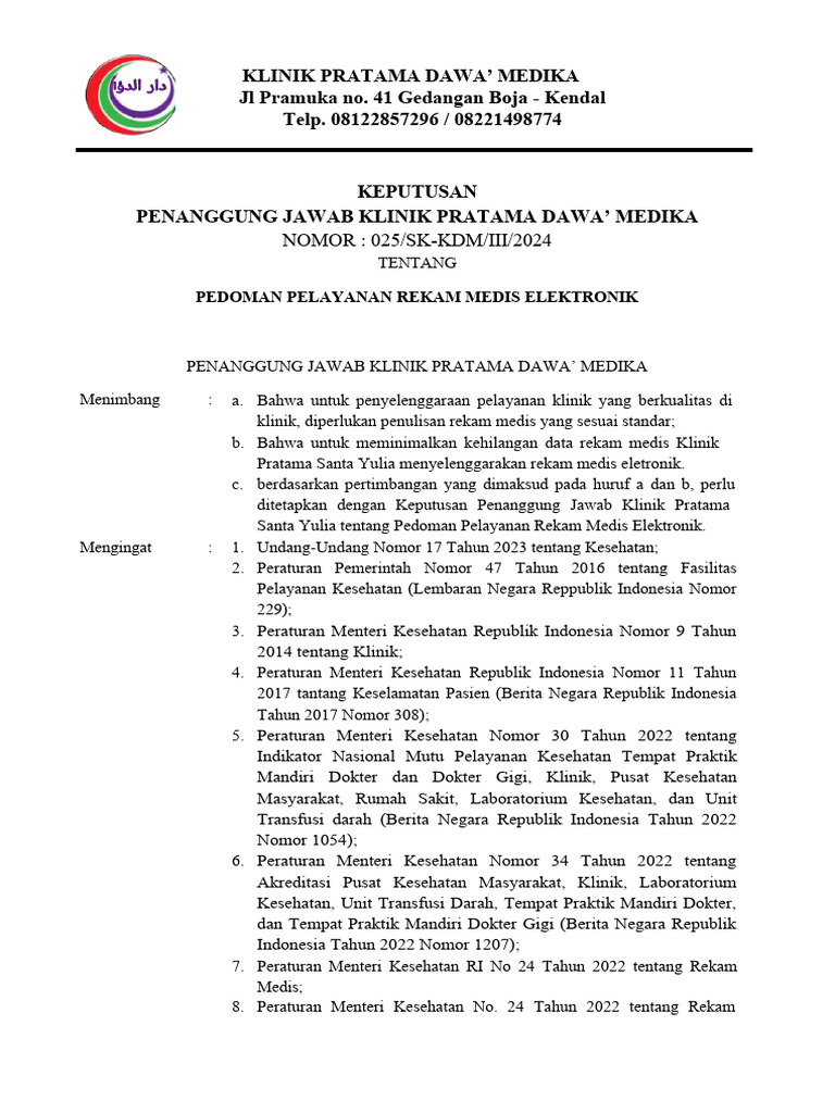 1.a. Revisi SK Pedoman Pelayanan Rekam Medis Elektronik | PDF ...