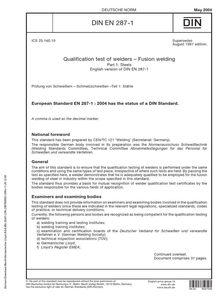 EN 287-1(2004) Qualification test of welders – Fusion welding | PDF