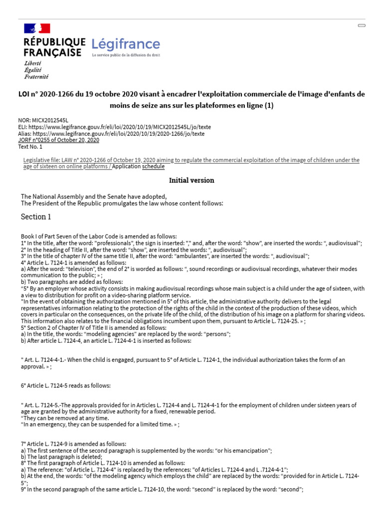 French Law-Kidfluencer - English Version Amendments | PDF | Government ...