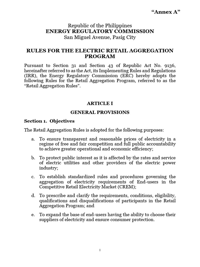 Annex A - Draft Rules On Electric Retail Aggregation Program 13may2022 ...