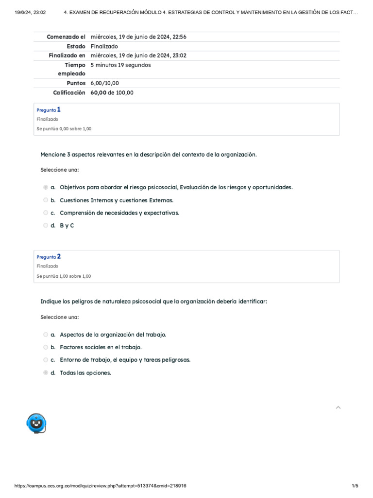EXAMEN DE RECUPERACIÓN MÓDULO 4. ESTRATEGIAS DE CONTROL Y MANTENIMIENTO EN LA GESTIÓN DE LOS ...