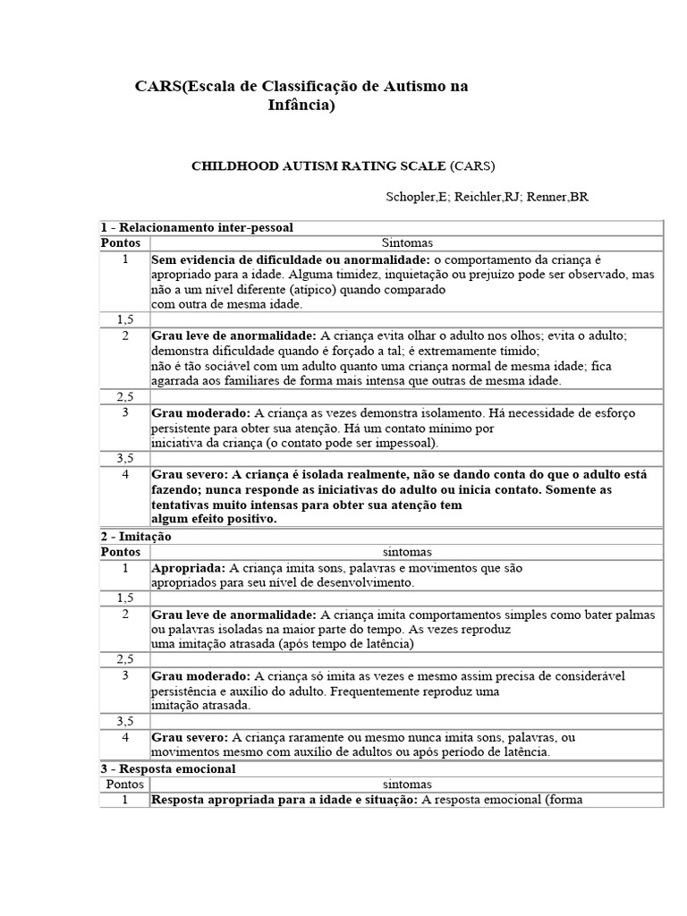 Cars Escala de Classificação de Autismo Na Infancia | PDF | Espectro do ...