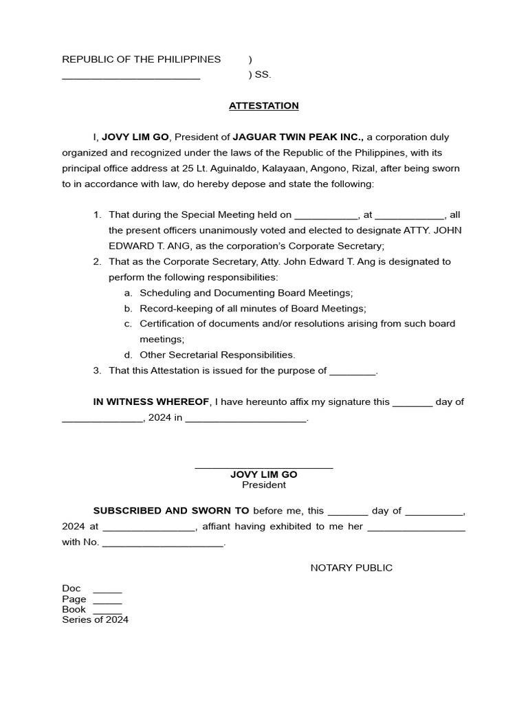 Corporate Attestation for Secretary Appointment | PDF | Civil Law ...
