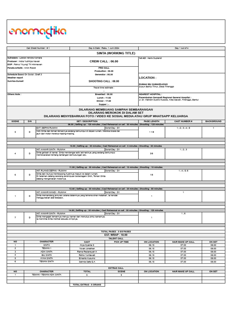 CONTOH CALL SHEET FILM PENDEK/PANJANG | PDF