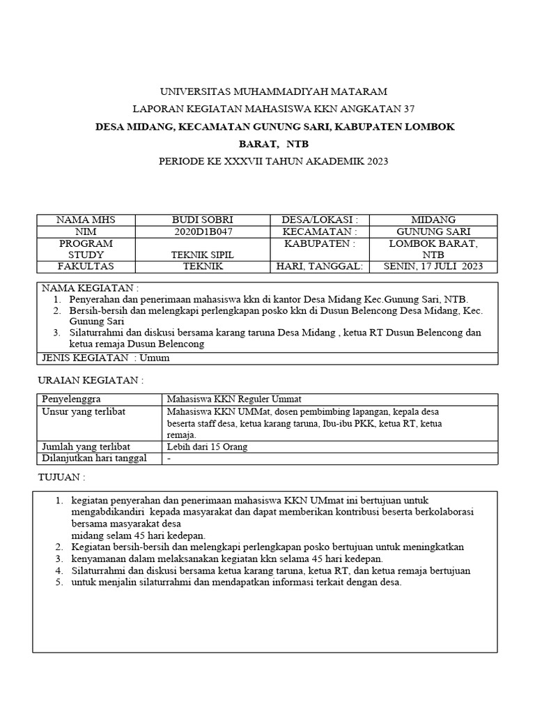 Cotoh Laporan Harian Day 1 KKN Desa Midang | PDF | Ilmu Sosial | Seni