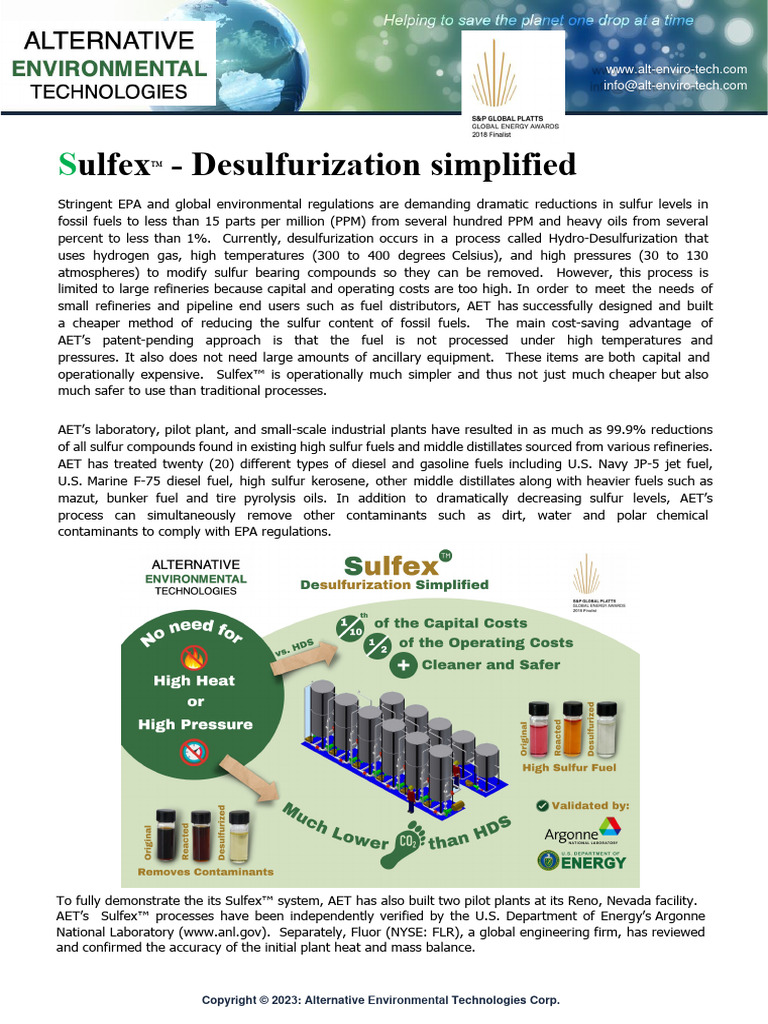 AET Sulfex Technology One Pager 2023 | PDF | Oil Refinery | Fuels