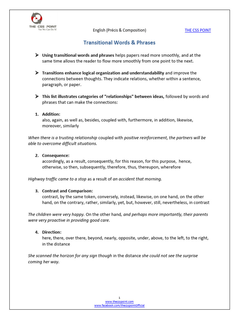 Transitional Words & Phrases | PDF | Language Arts & Discipline ...