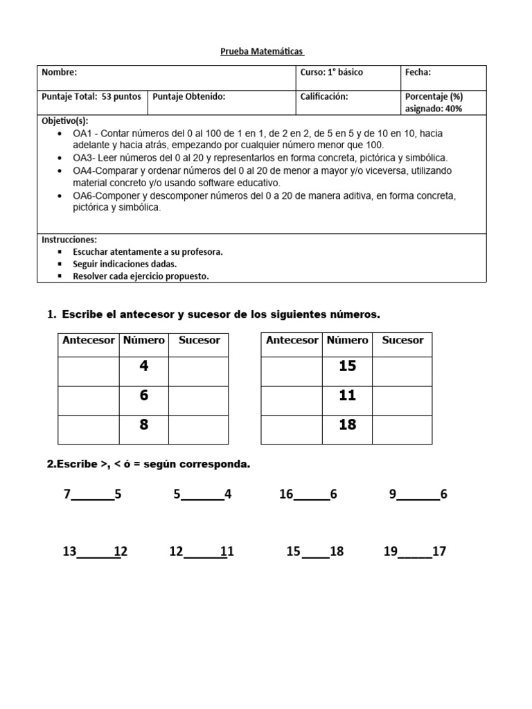 Prueba Matematicas Primero Unidad 1 | PDF