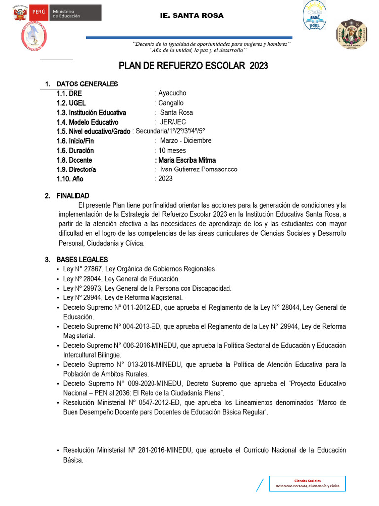 Plan de Refuerzo Escolar CC SS D.P.C.C 2023 Propuesta | PDF | Evaluación | Aprendizaje