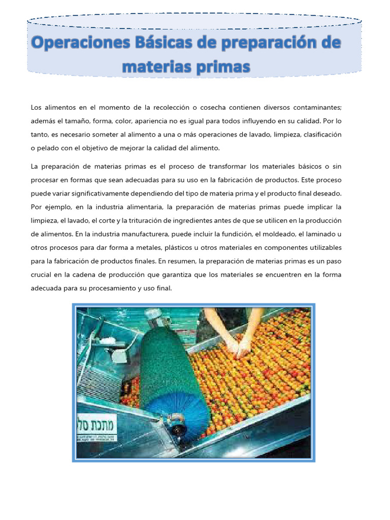 Operaciones Básicas de Preparación de Materias Primas | PDF | Alimentos ...
