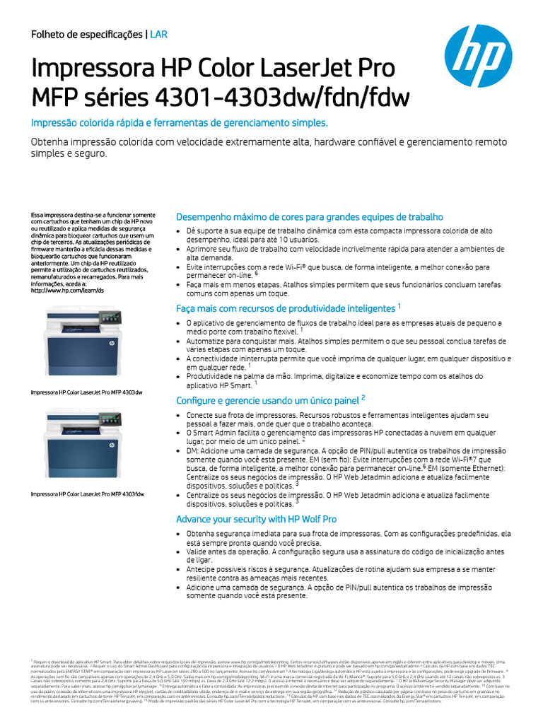 Catalogo HP MFP Color A4 Pro 4303fdw Portugues Out2023!1!1 | PDF | Wi-Fi | Rede de computadores