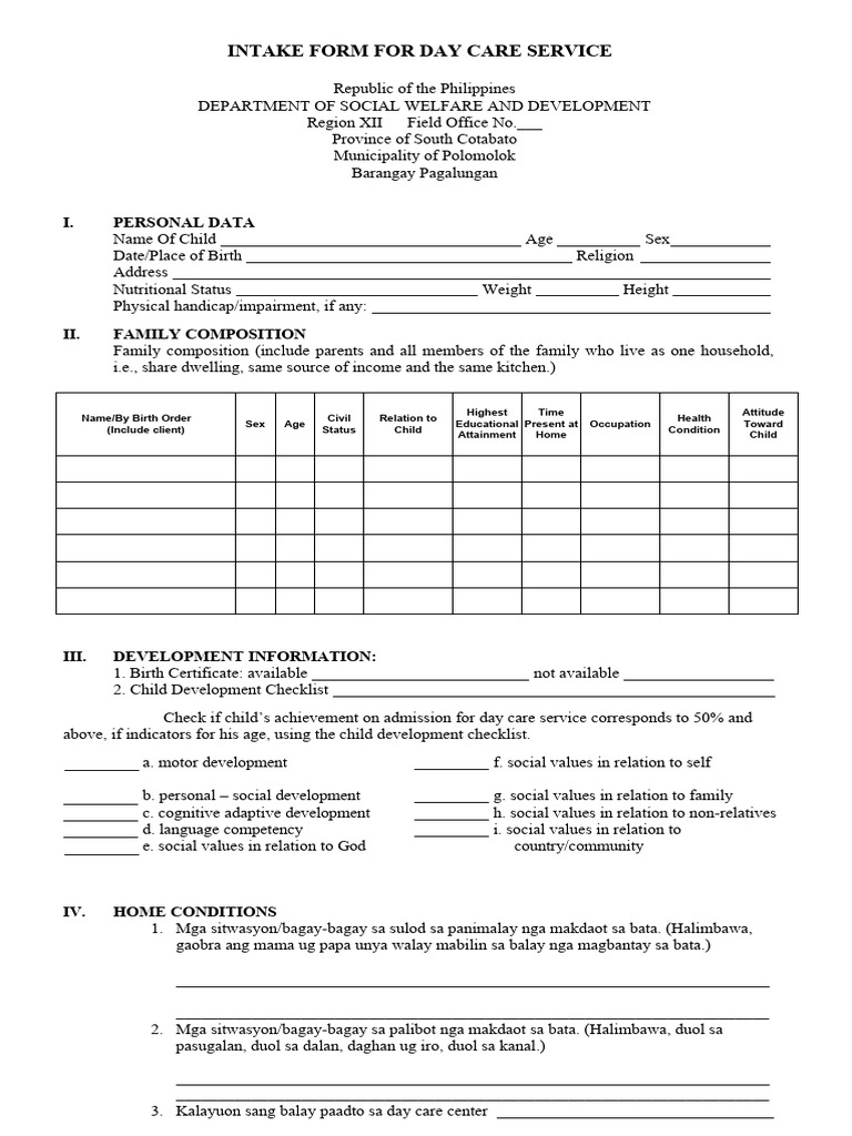 in take form for day care bisaya | PDF | Behavioural Sciences | Human ...