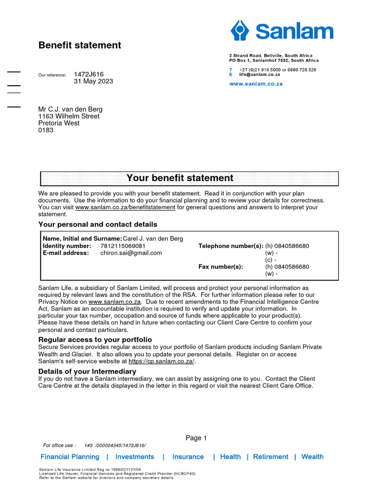 Sanlam Rsa Benefit Statement | PDF | Retirement | Asset Allocation