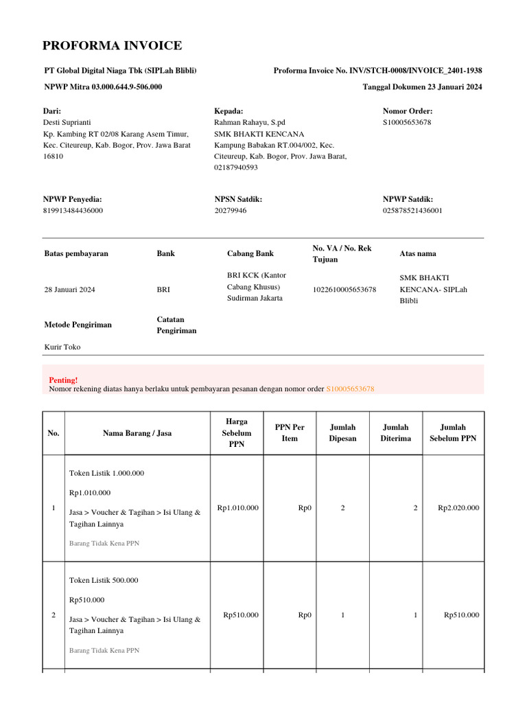 Proforma Invoice S10005653678 2024 | PDF