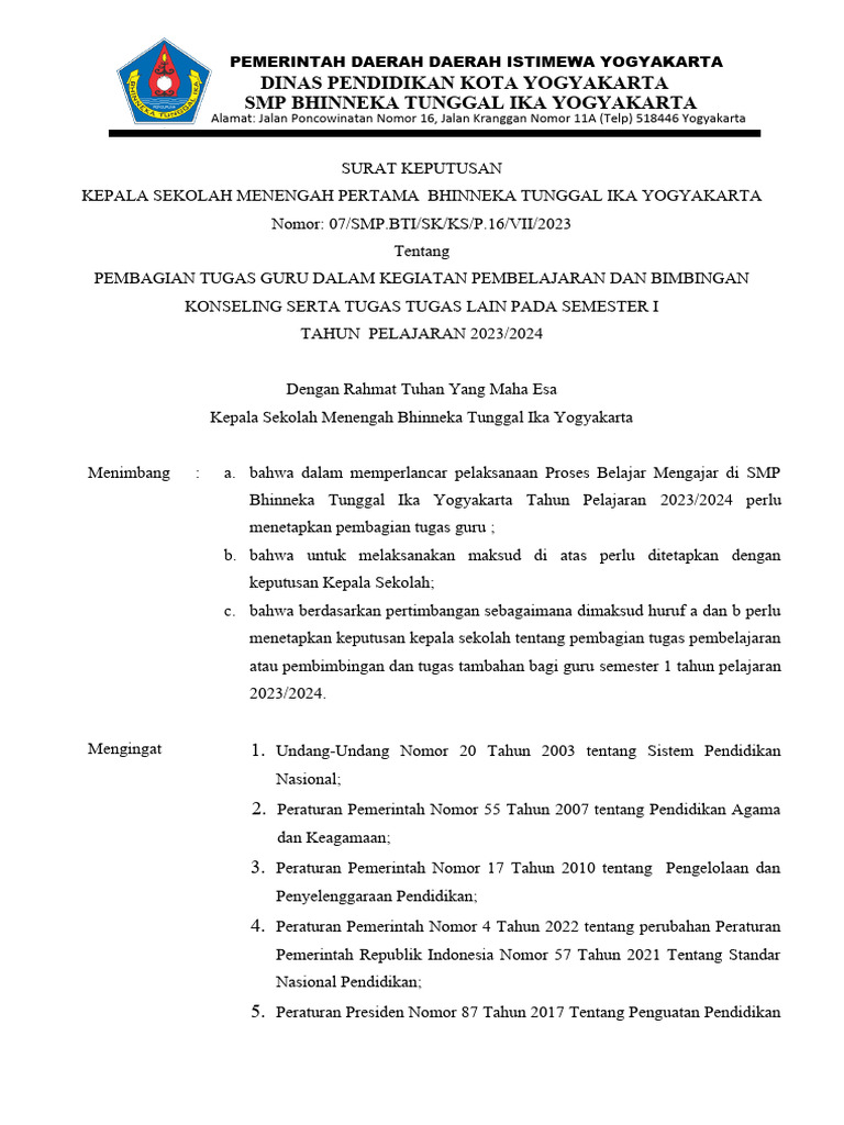 SK Pembagian Tugas Guru Sem 1 SMP 2023 2024 | PDF