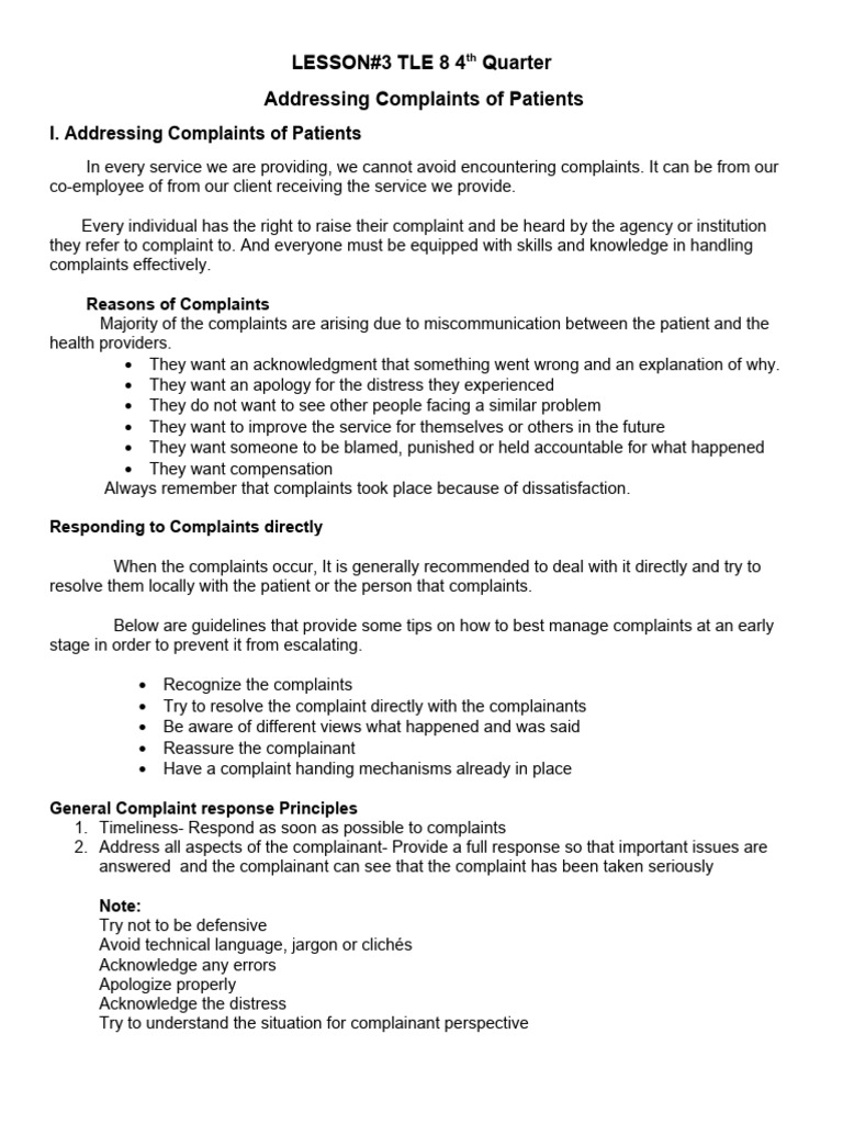 Handout#3 Addressing Complaints | PDF | Patient | Health Care