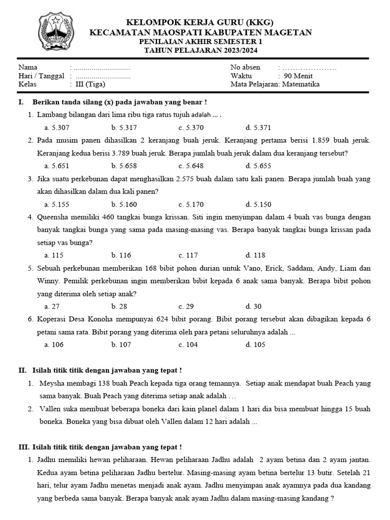 Soal Pas MTK Kelas 3 SM 1 | PDF