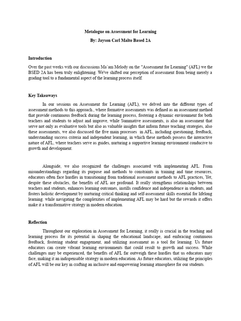 MALTO BSED 2A Metalogue On Assessment For Learning | PDF | Educational Assessment | Learning