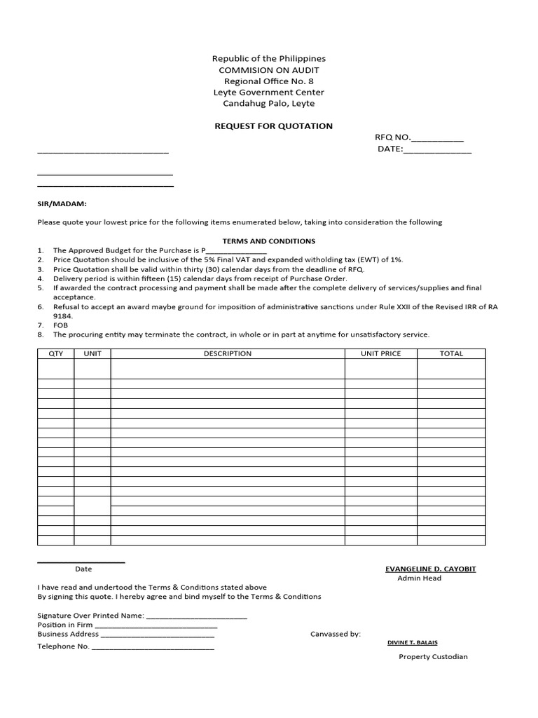 Leyte COA Request for Quotation Form | PDF | Business | Taxes