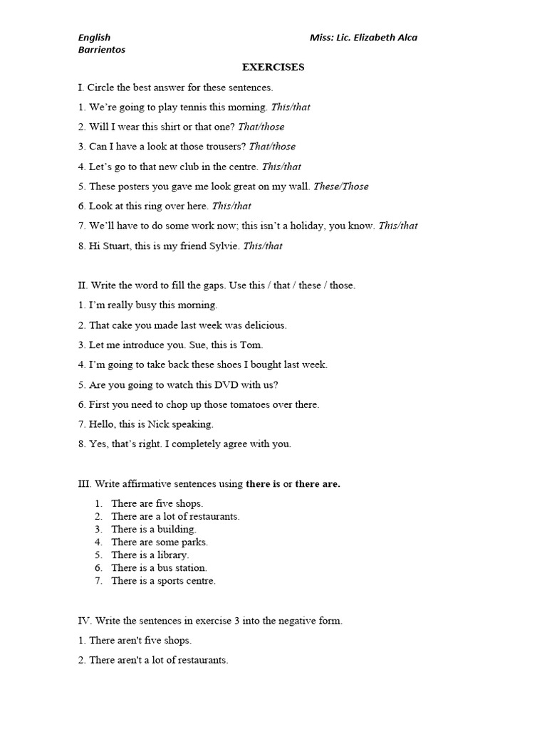 EXERCISES Demonstrative and There Isthere Are | PDF | Language Arts ...