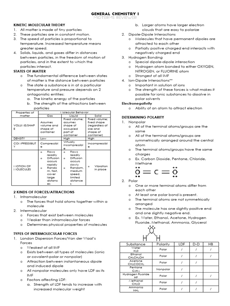 General Chem Midterms Rev 1 | PDF | Chemical Polarity | Crystal Structure
