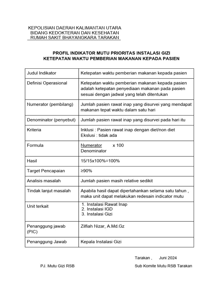 Profil Indikator Mutu Unit Gizi BLN 6 2024 | PDF