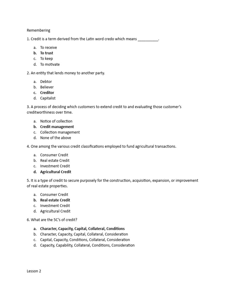 Answer Key - Credit and Collection | PDF | Credit | Finance & Money ...
