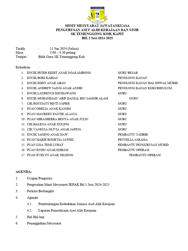Minit Mesyuarat Aset Bil 2 2024 | PDF