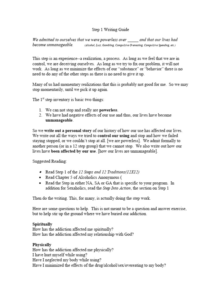 1st Step Writing Guide | PDF | Twelve Step Program | Psychology