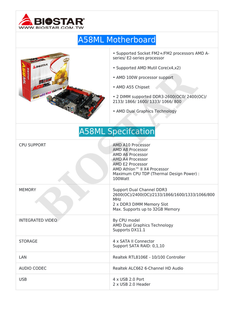 Biostar A58ml Spec | PDF | Computer Hardware | X86 Architecture
