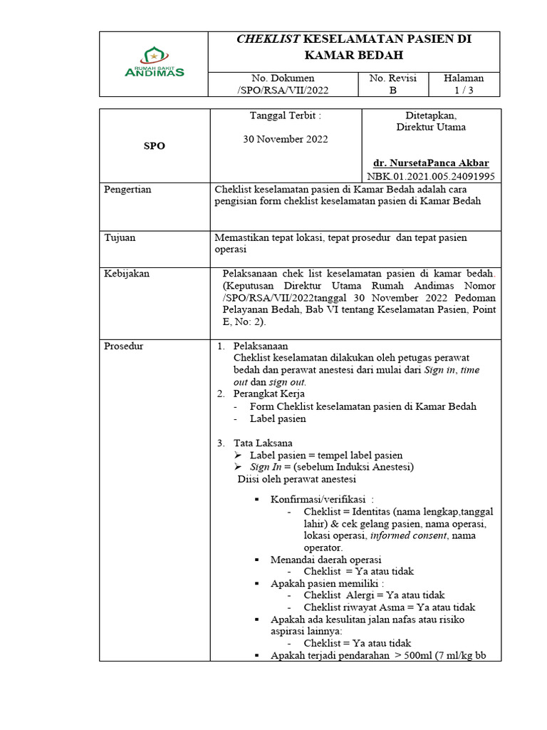 Spo Cek Lis Keselamatan Pasien | PDF