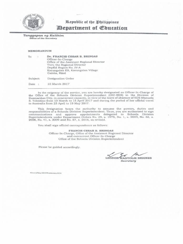 Designation Order - Concurrent Oic - SDS | PDF
