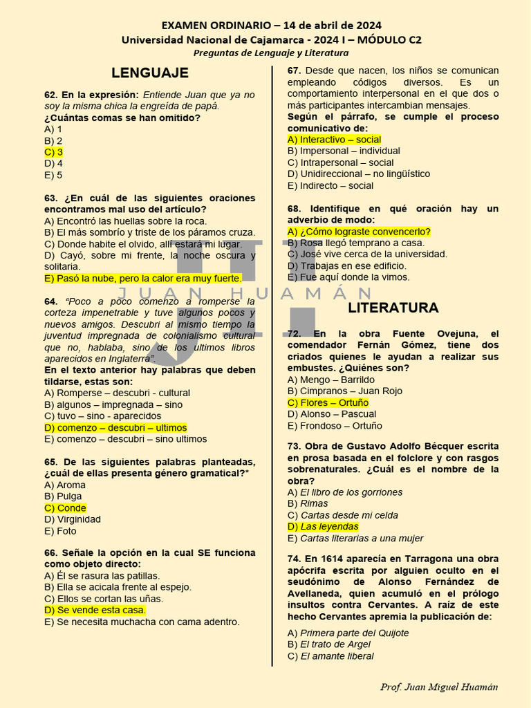 Examen Ordinario UNC 2024 - Módulo C2 | PDF | Clásicos | Ficción general