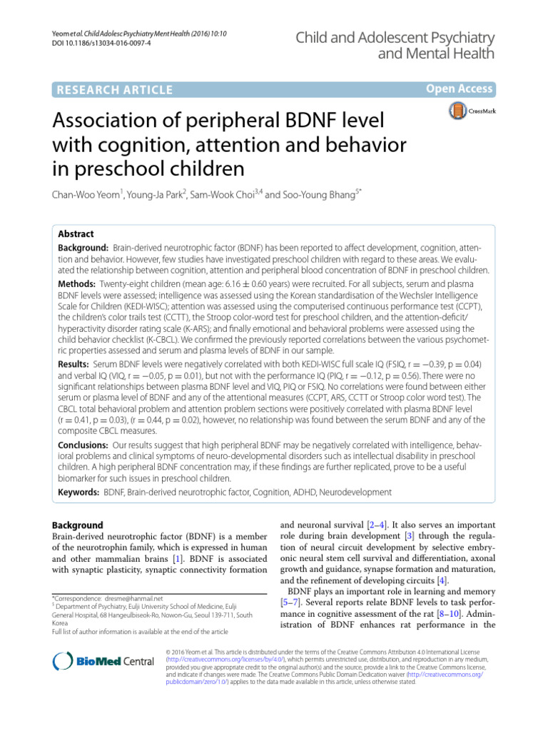 Association of Peripheral BDNF Level With Cognition, Attention and Behavior in Preschool ...