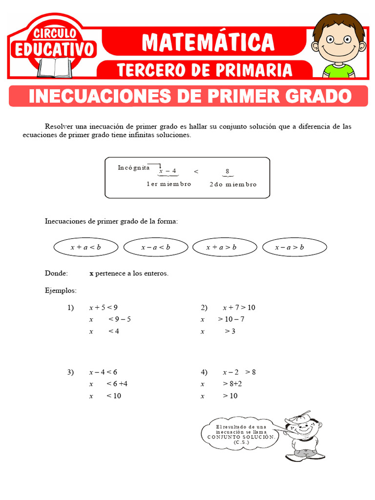 Inecuaciones de Primer Grado para Tercero de Primaria | PDF | Objetos matemáticos | Ecuaciones